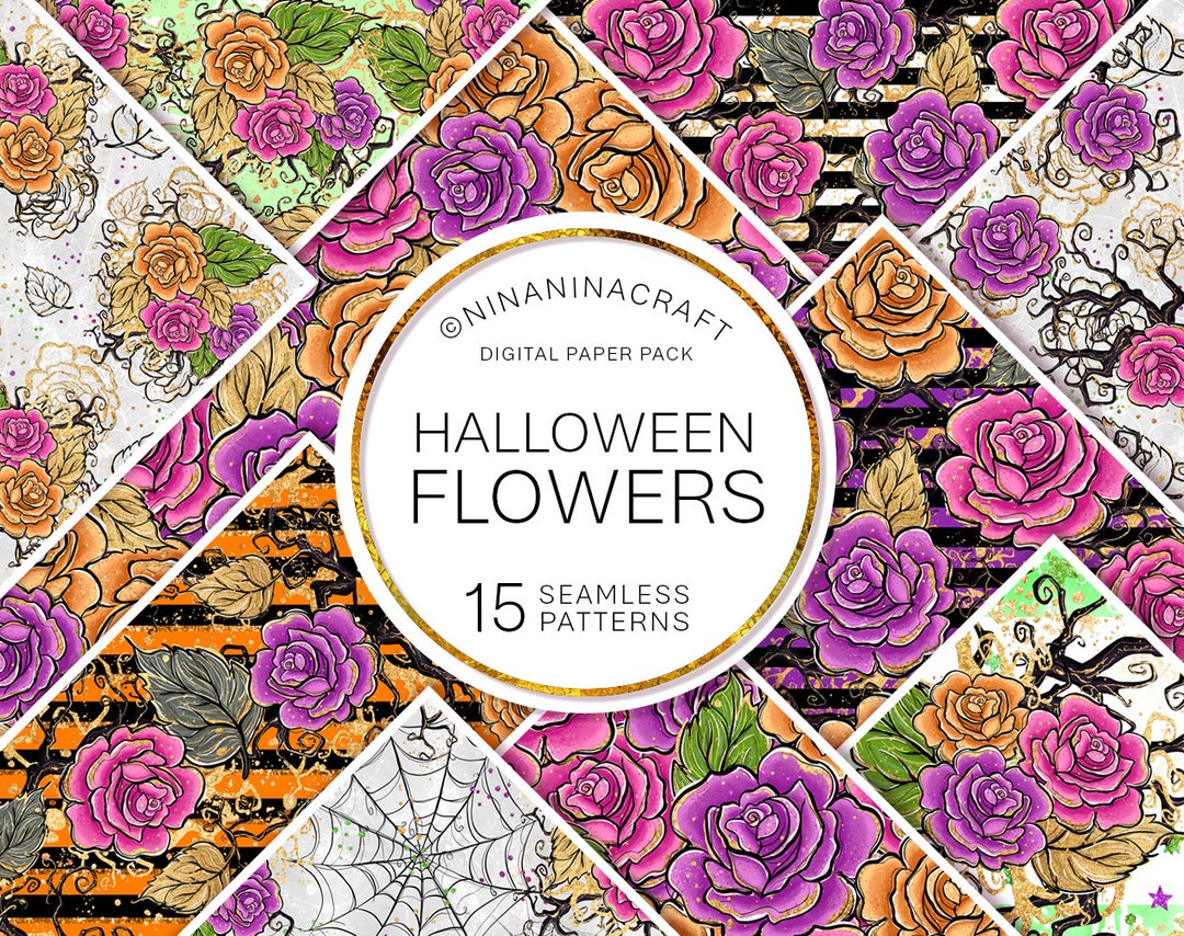 Halloween Flowers Digital Papers, Cute Seamless Patterns, Spooky Fabric ...