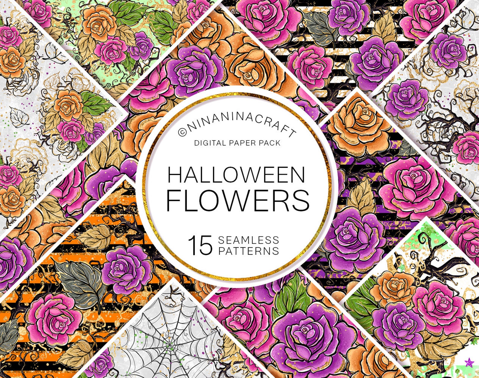 Halloween Flowers Digital Papers Cute Seamless Patterns | Etsy