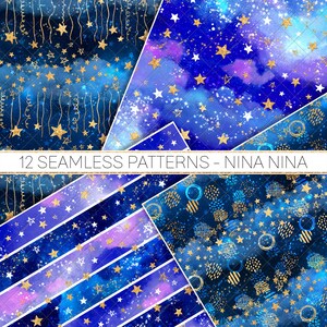 Stars Digital Paper Pack, Gold Glitter Seamless Pattern, Night Sky ...