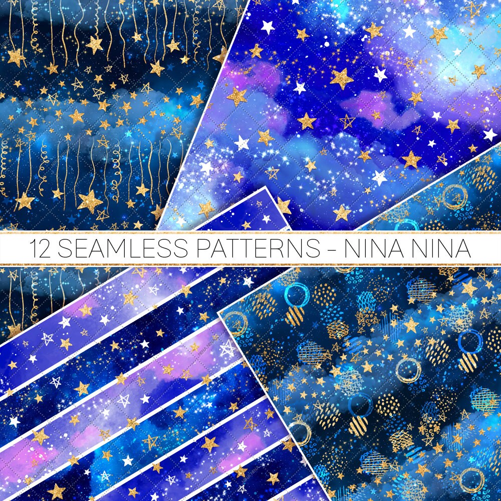 Stars Digital Paper Pack Gold Glitter Seamless Pattern Night | Etsy