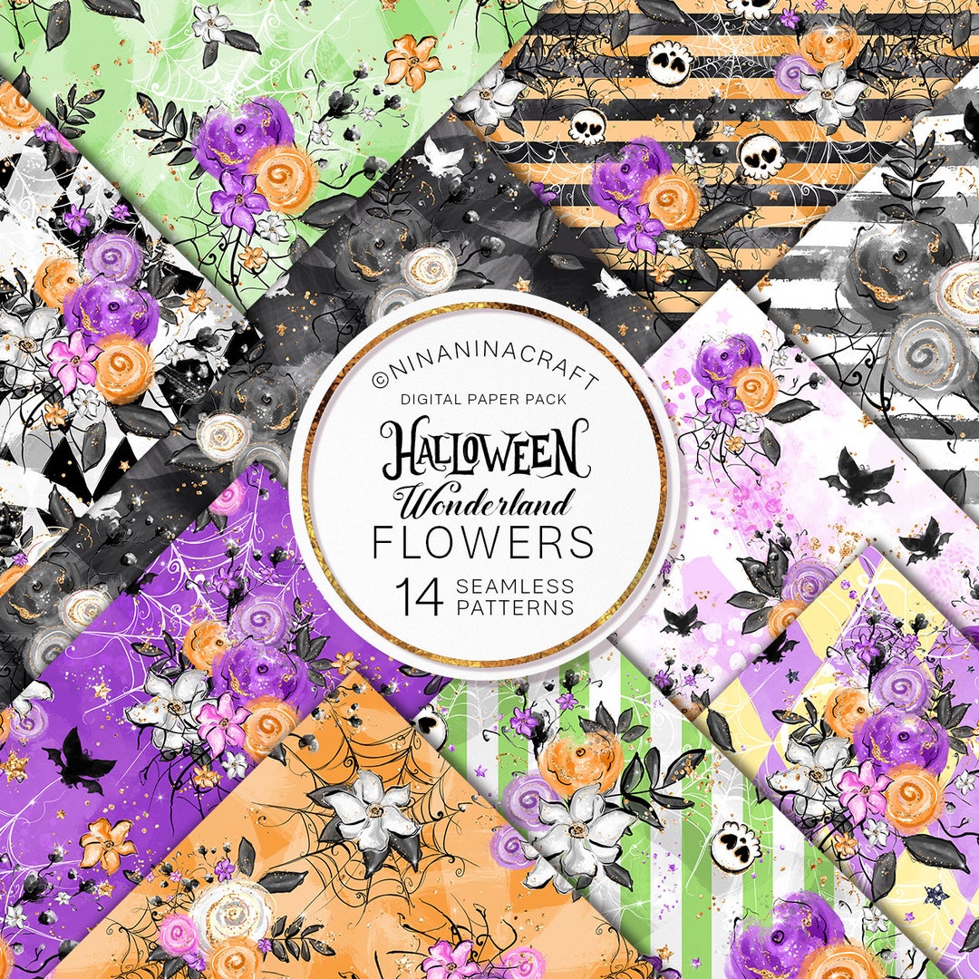 Halloween Flowers Digital Paper Pack, Cute Spooky Floral Seamless ...