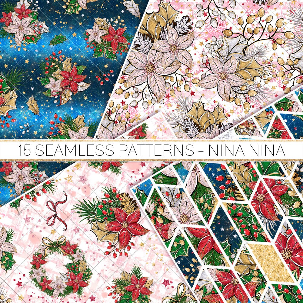 Christmas Flowers Digital Papers Poinsettia Seamless | Etsy