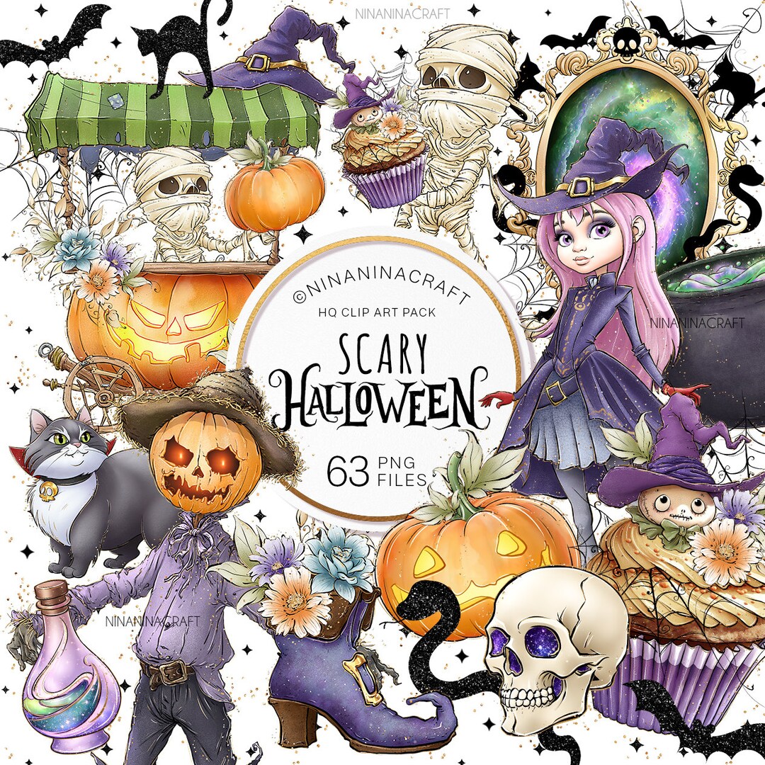 Cute Halloween Clip Art Pack, Spooky Clipart PNG by Ninaninacraft, Cute ...