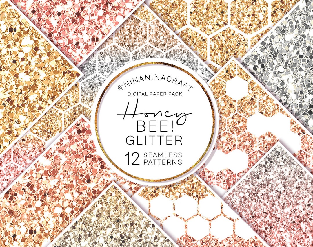 12 Honey Bee Glitter Digital Papers, Gold Glitter Seamless Patterns ...