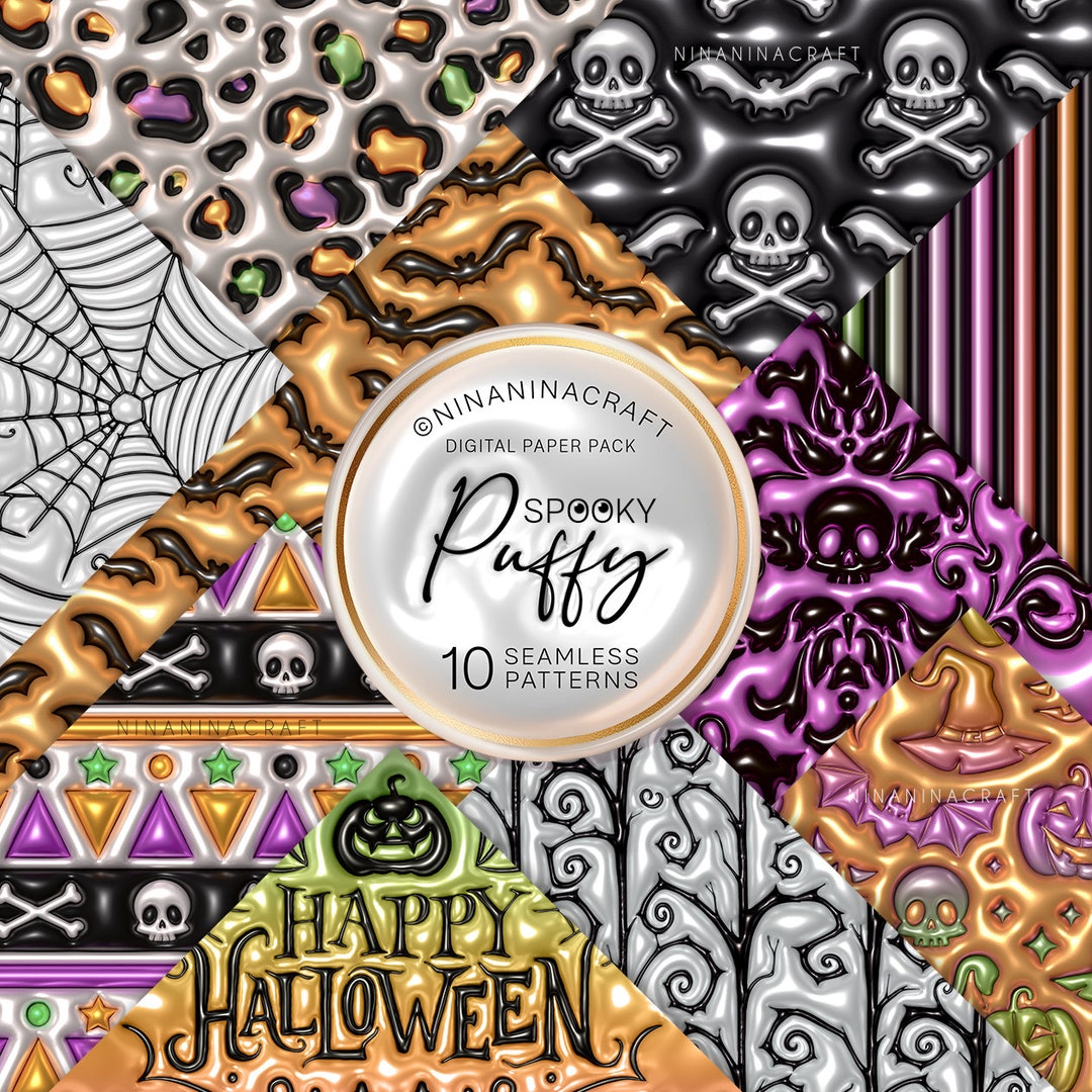 3D Inflated Puff Halloween Seamless Pattern Pack, Bubble Puffy Wrap ...