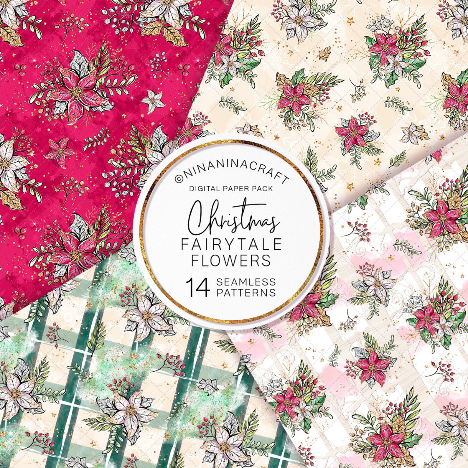 Christmas Flowers Digital Paper Pack Poinsettia Seamless - Etsy
