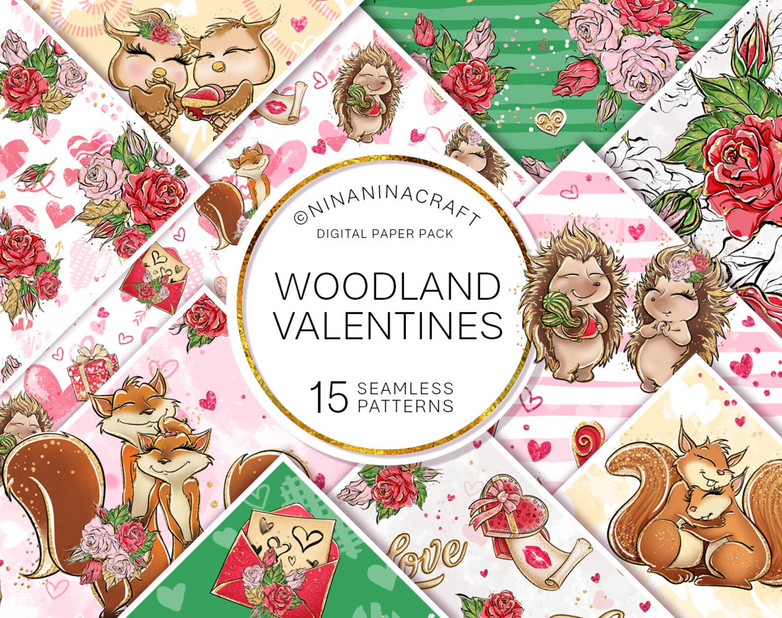 Woodland Animals Digital Papers Valentine's Day Seamless - Etsy