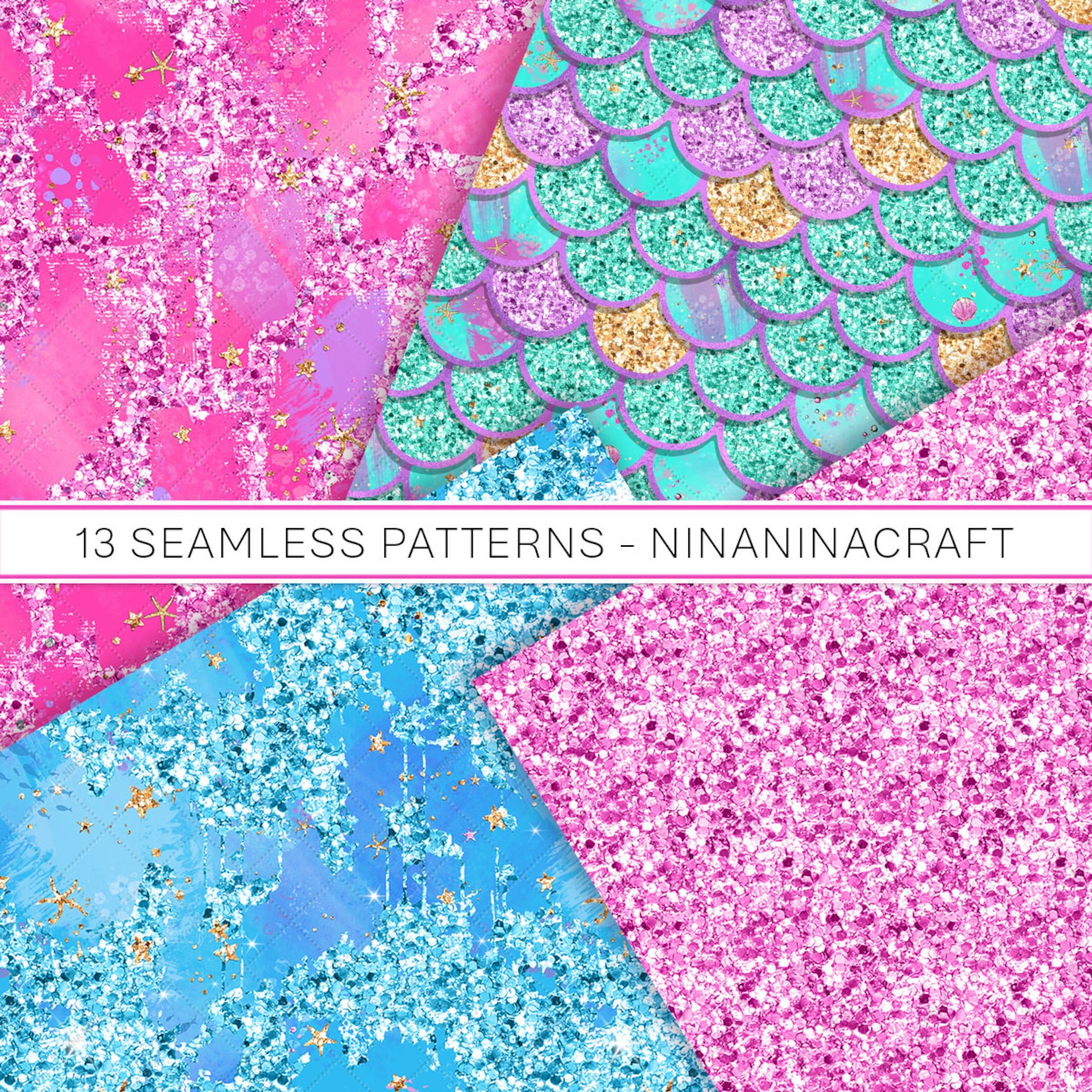 Mermaid Glitter Digital Paper Pack, Colorful Rainbow Glitter Seamless ...