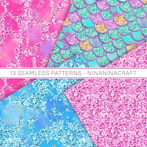 Mermaid Glitter Digital Paper Pack, Colorful Rainbow Glitter Seamless ...