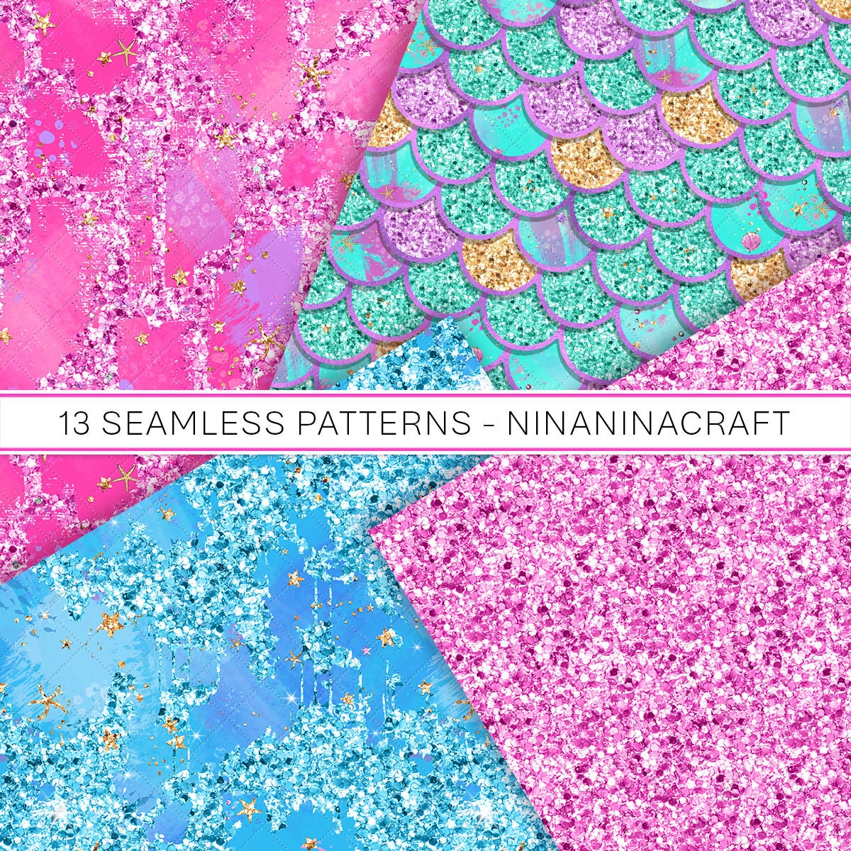 Mermaid Glitter Digital Paper Pack, Colorful Rainbow Glitter Seamless ...