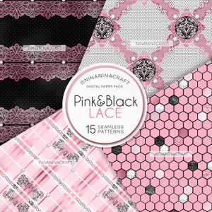 Pink and Black Lace Seamless Patterns, Elegant Digital Papers Pack by ...