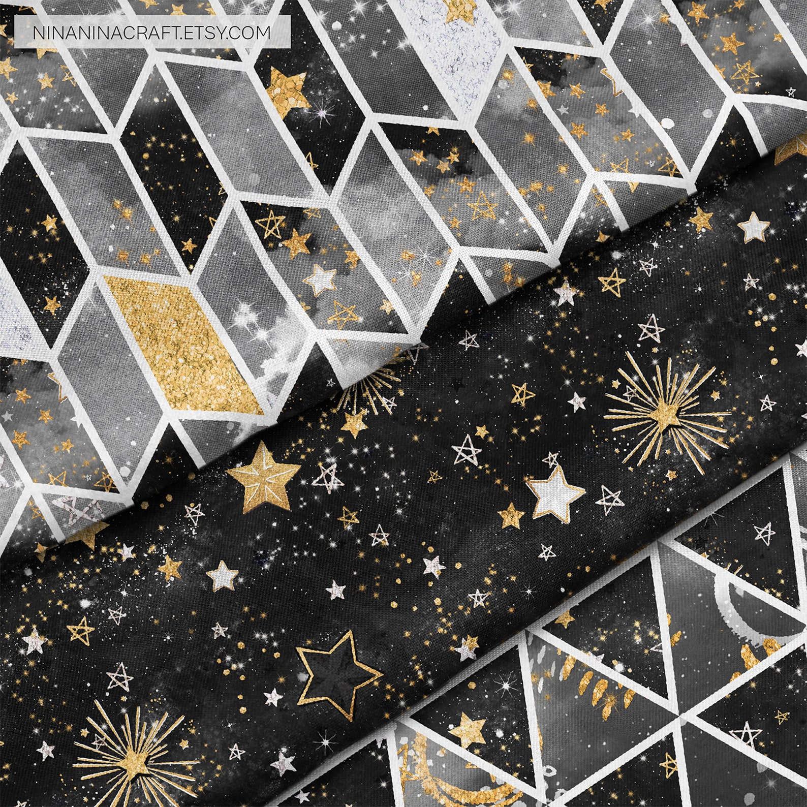 Stars Digital Papers, Gold Glitter Seamless Pattern, Black and White ...