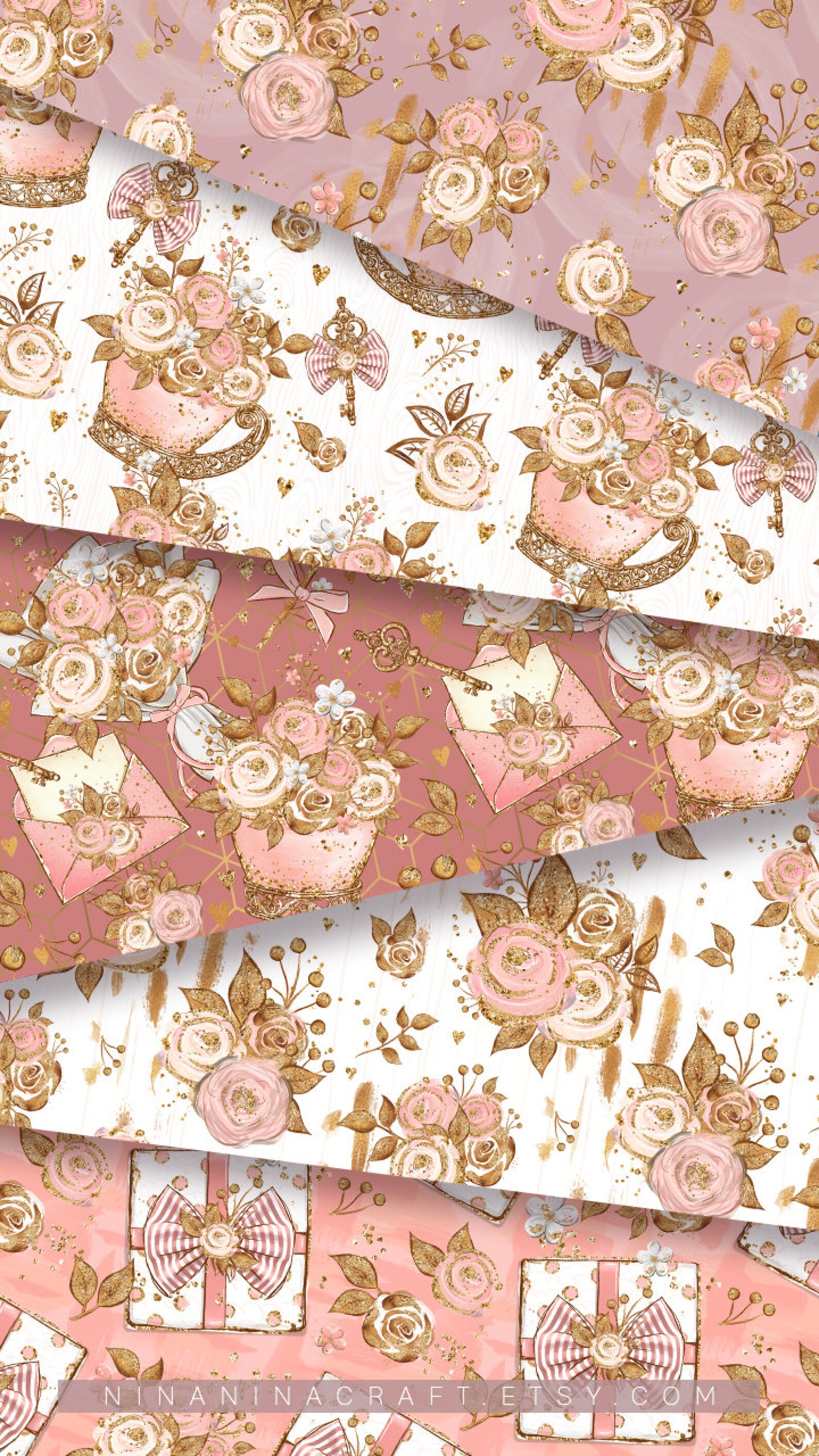 15 Vintage Roses Digital Papers, Flowers Rose Gold Seamless Pattern ...