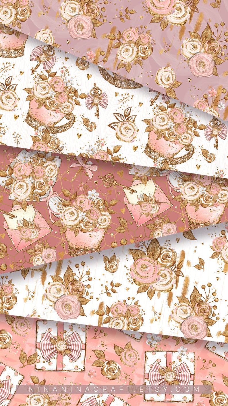 15 Vintage Roses Digital Papers, Flowers Rose Gold Seamless Pattern ...