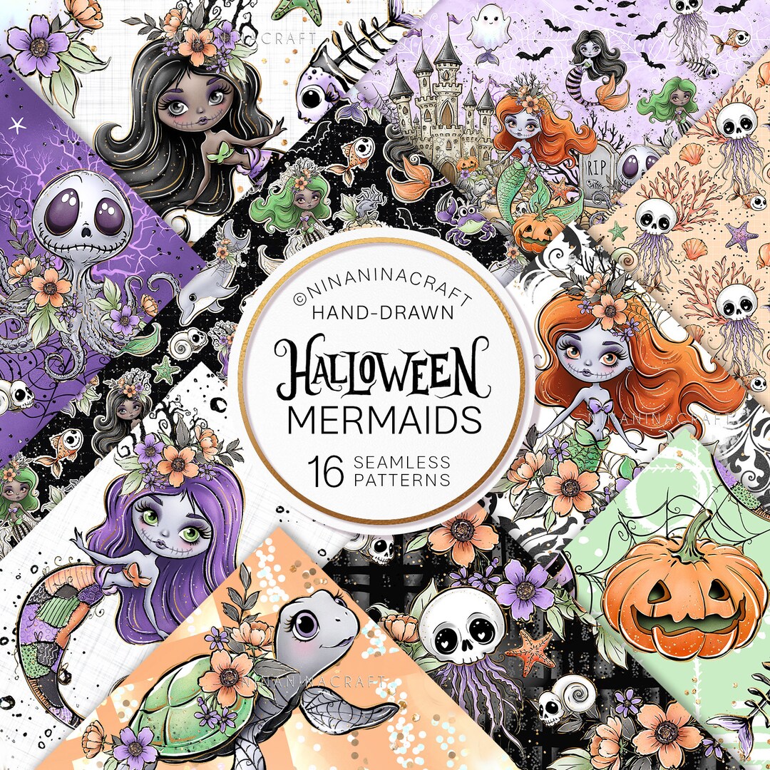 Halloween Mermaids Seamless Patterns, Digital Paper by Ninaninacraft ...