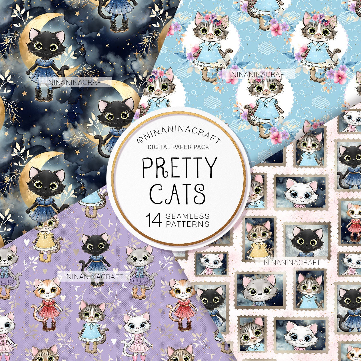 Cute Cats Seamless Pattern Pack, Hand Drawn Kitty Digital Papers by ...