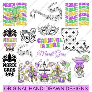 Mardi Gras Clipart by Ninaninacraft, Hand Drawn Clip Art Pack, Mardi ...