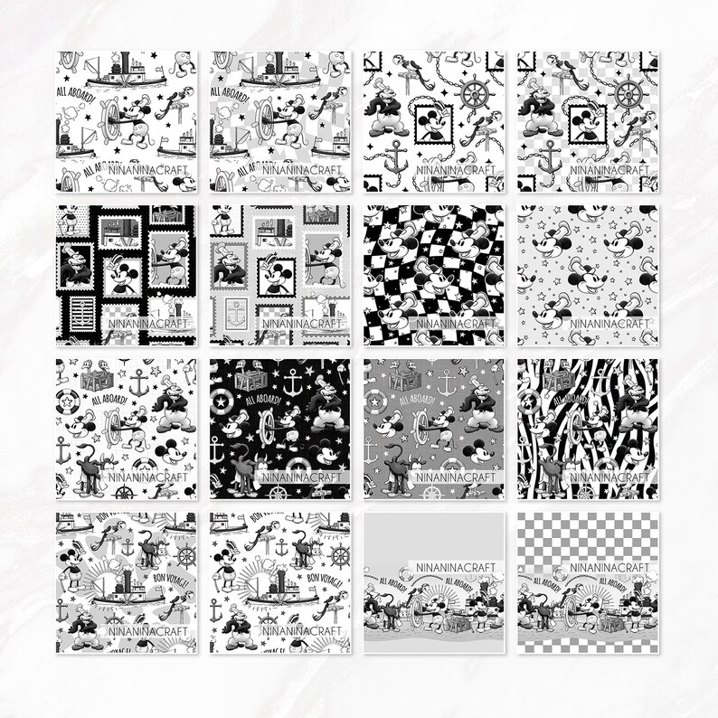 Steamboat Willie Seamless Pattern Pack, Hand-drawn Nautical Digital ...