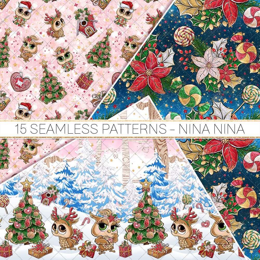 Cute Christmas Owls Digital Papers Glitter Seamless Patterns | Etsy