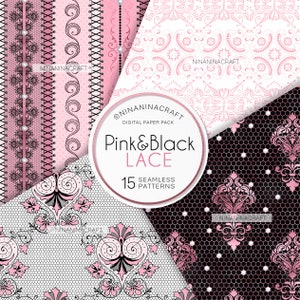 Pink and Black Lace Seamless Patterns, Elegant Digital Papers Pack by ...