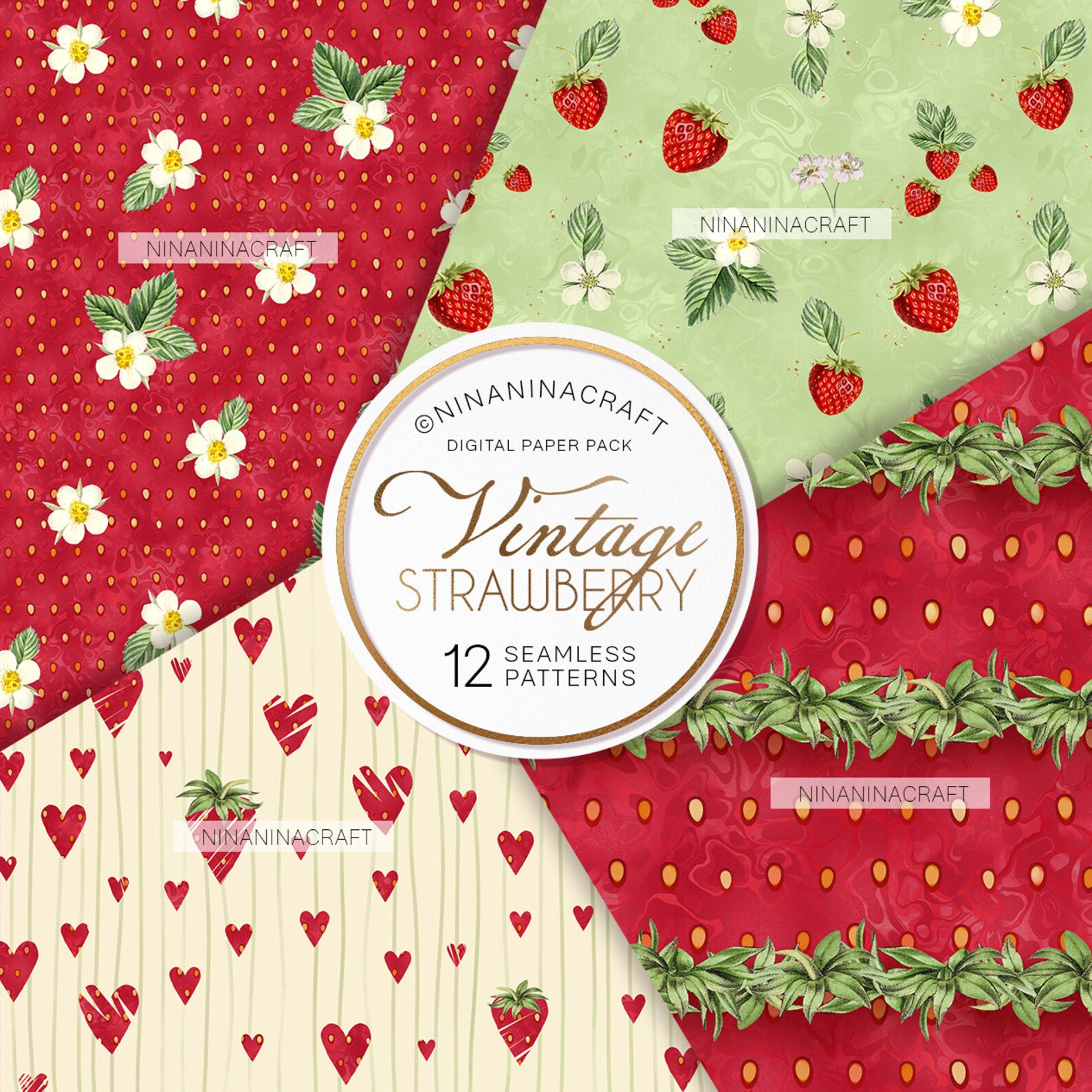 Vintage Strawberry Seamless Patterns, Retro Floral Digital Papers by ...