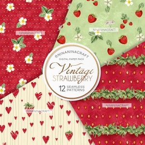 Vintage Strawberry Seamless Patterns, Retro Floral Digital Papers by ...
