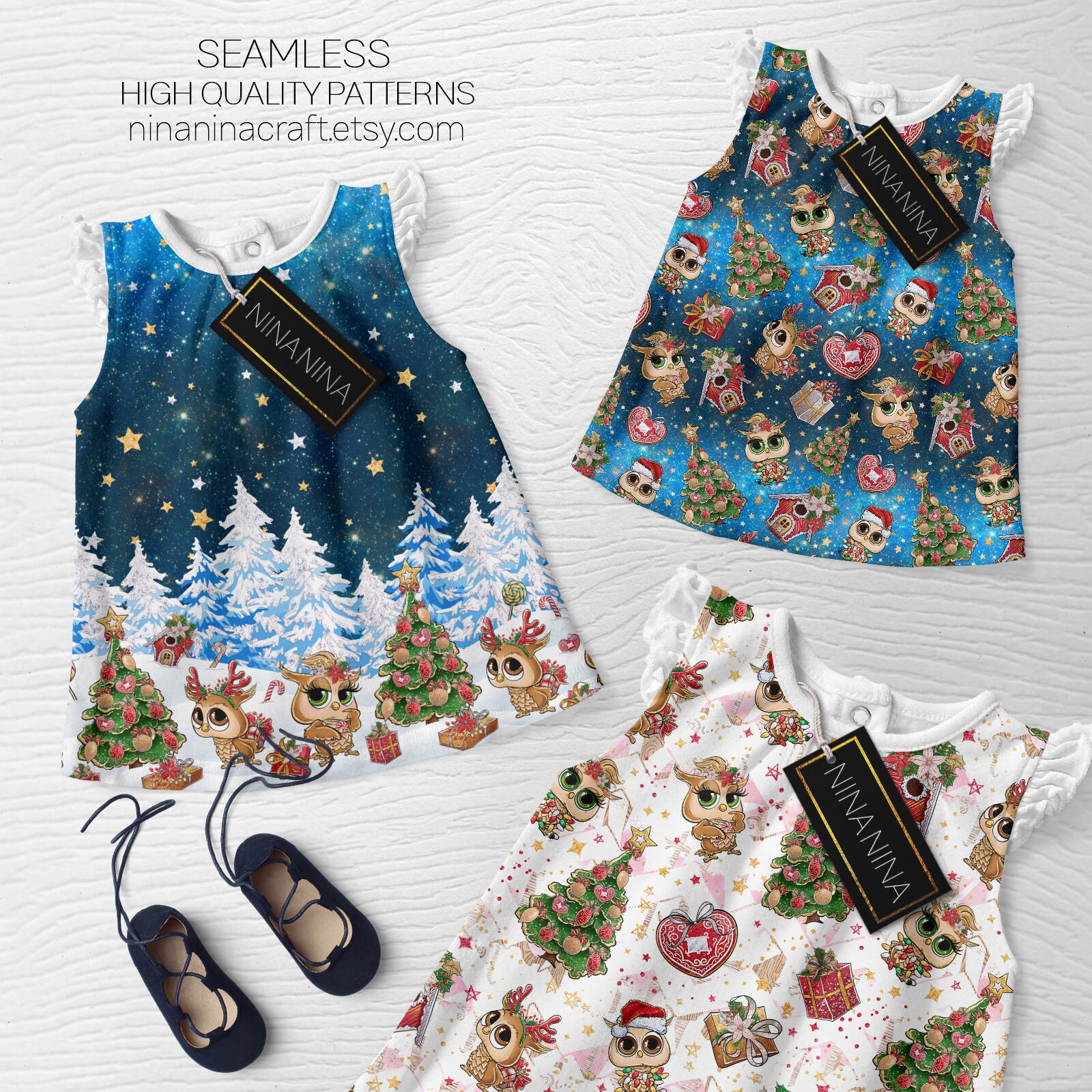 Cute Christmas Owls Digital Papers Glitter Seamless Patterns | Etsy