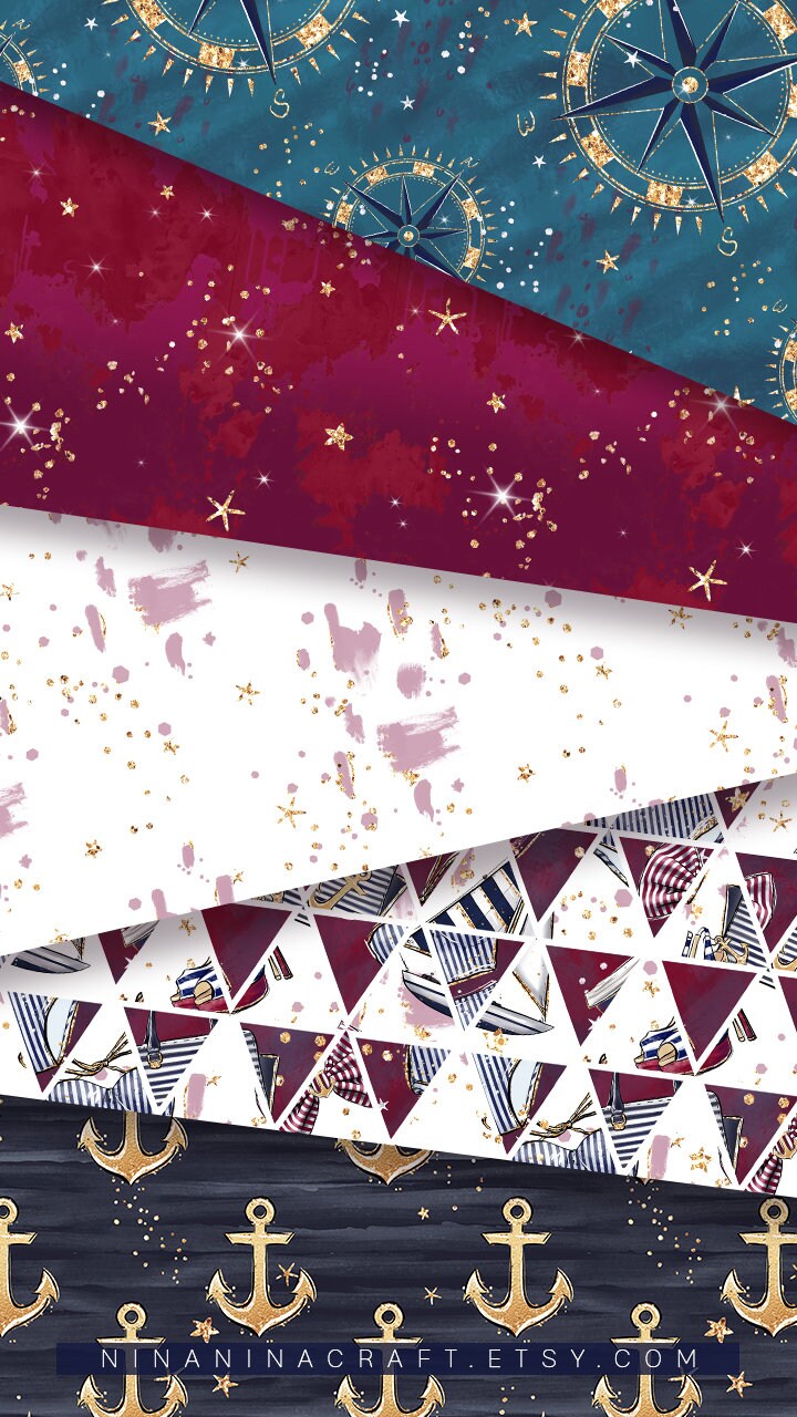 20 Nautical Digital Papers Basics, Dark Red, Blue Gold Stripes Seamless ...