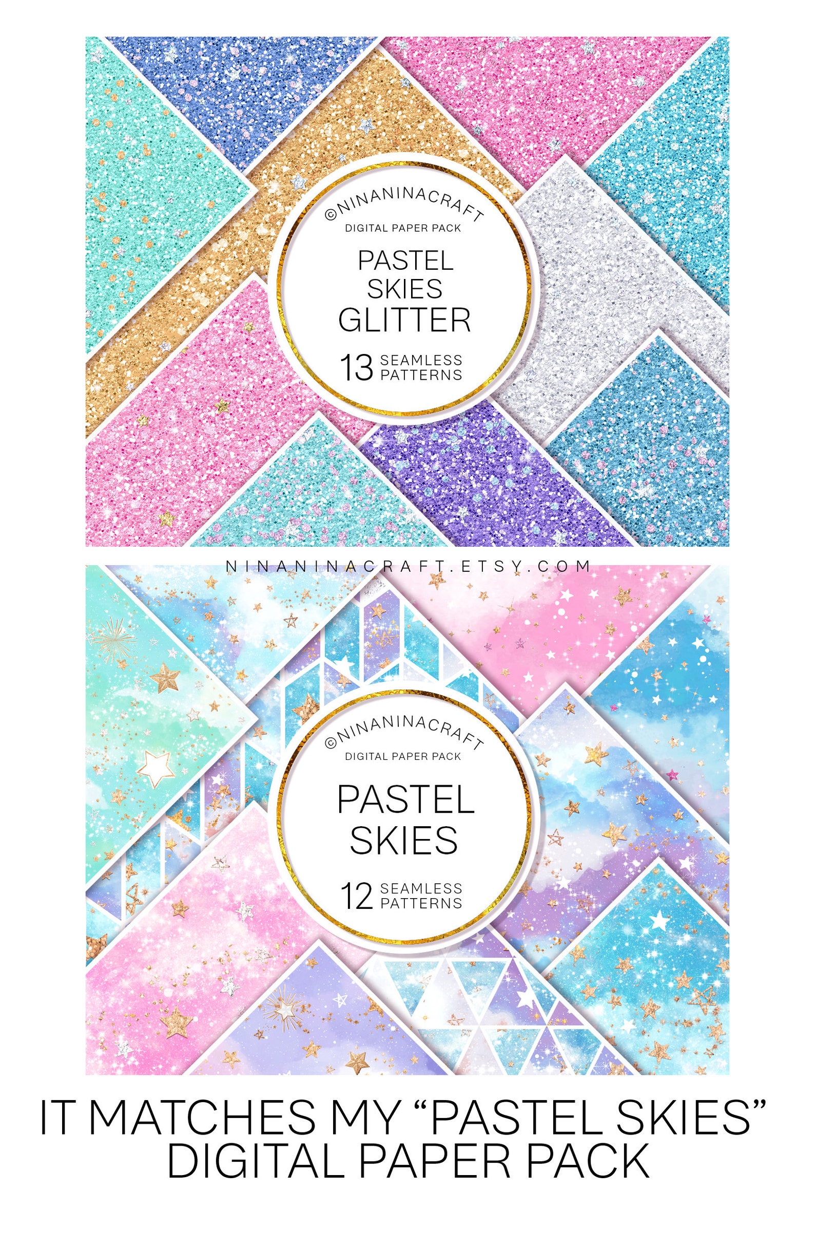 Pastel Skies Glitter Digital Papers Seamless Patterns by | Etsy