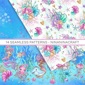 Mermaid Digital Papers, Colorful Sea Seamless Patterns, Rainbow ...