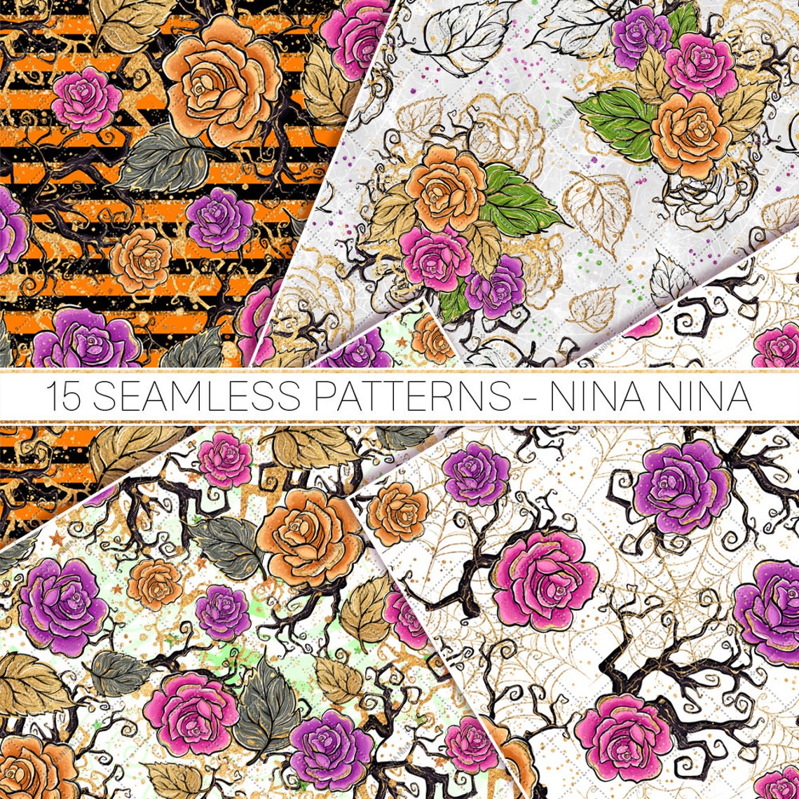 Halloween Flowers Digital Papers, Cute Seamless Patterns, Spooky Fabric ...