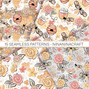 Honey Bee Digital Papers, Fashion Seamless Patterns, Gold Glitter ...