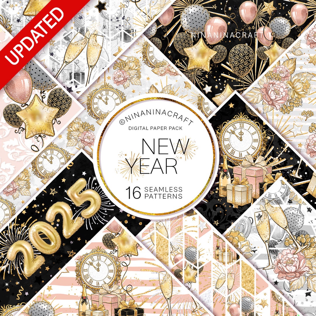 New Year Digital Paper Pack, Peony Flowers Seamless Patterns, Party ...