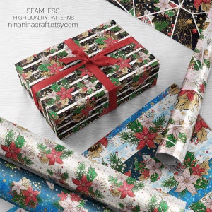 Christmas Flowers Digital Papers, Poinsettia Seamless Patterns, Gold ...
