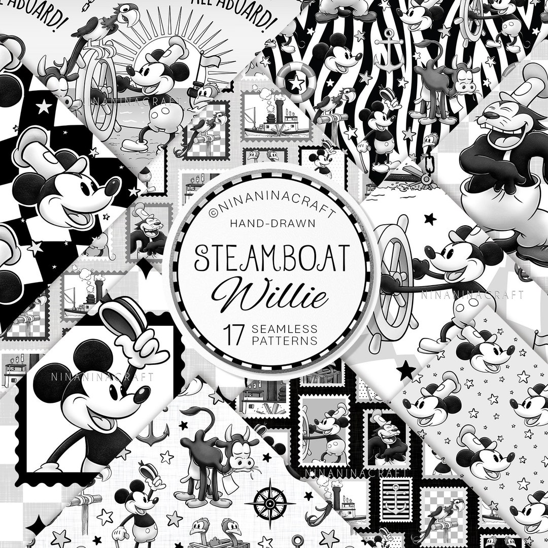 Steamboat Willie Seamless Pattern Pack, Hand-drawn Nautical Digital ...