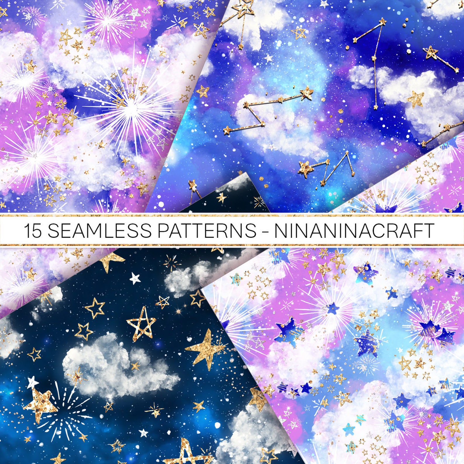 Starry Night 2 Digital Papers, Galaxy Seamless Patterns, Neon Sky ...