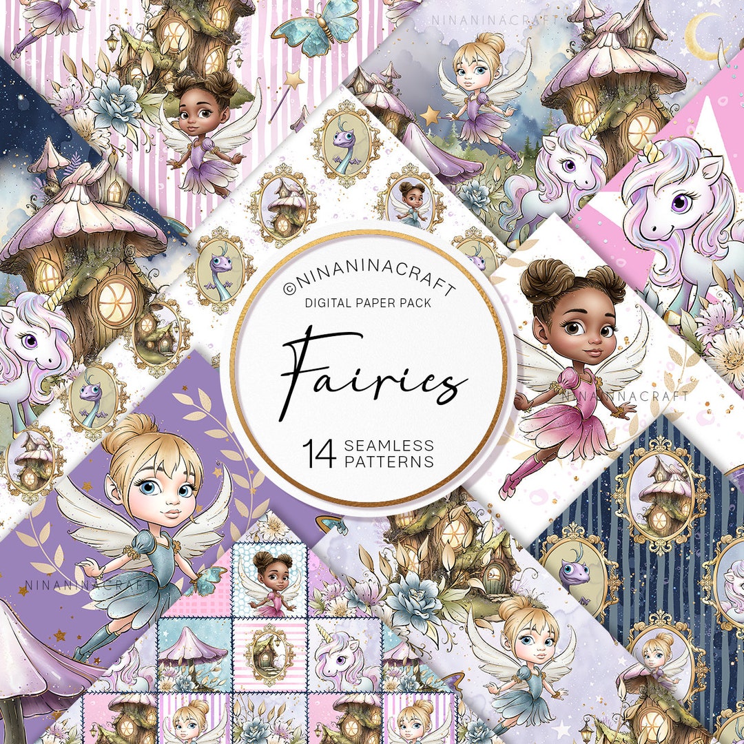 Hand Drawn Fairy Digital Papers, Cute Glitter Seamless Patterns by ...