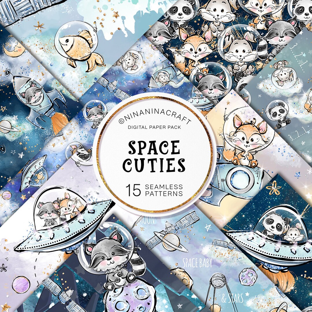Cute Space Animals Digital Papers, Astronaut Cuties Seamless Patterns ...