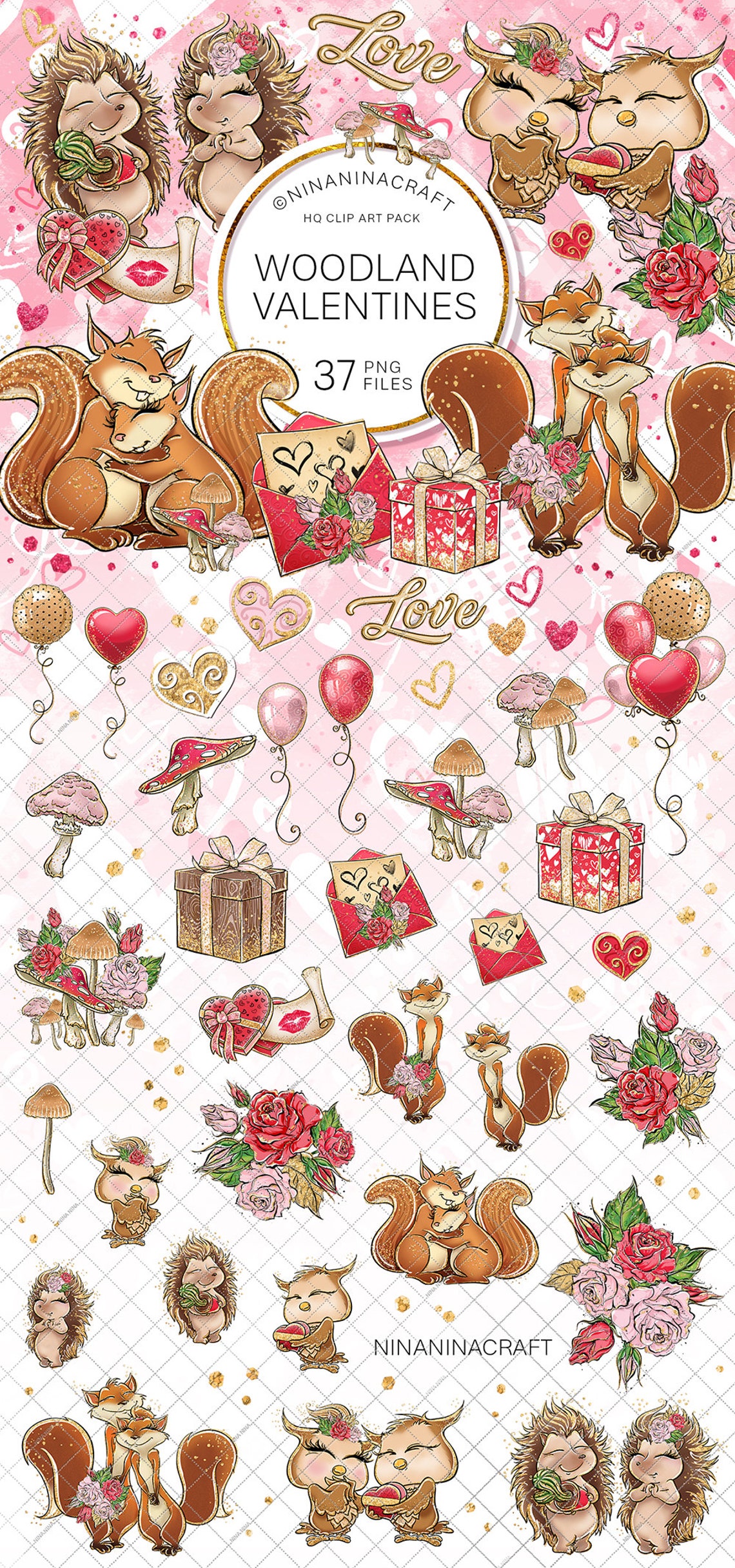 Woodland Animals Valentine's Day Clipart Valentines Clip | Etsy