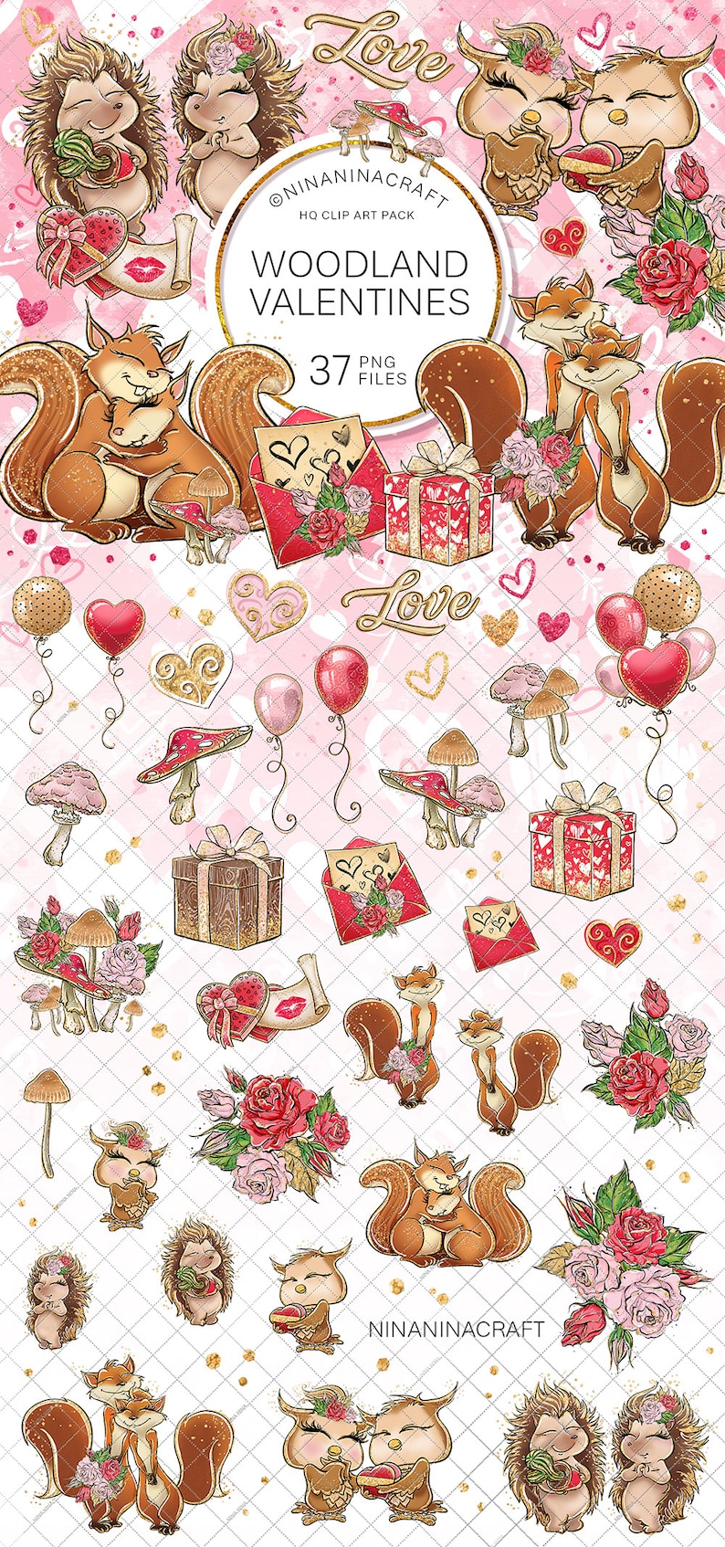 Woodland Animals Valentine's Day Clipart Valentines Clip | Etsy