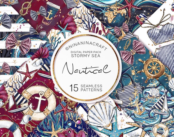 15 Nautical Digital Papers Dark Sea Seamless Patterns Summer | Etsy