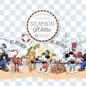 Steamboat Willie Seamless Pattern Pack, Hand-drawn Nautical Digital ...