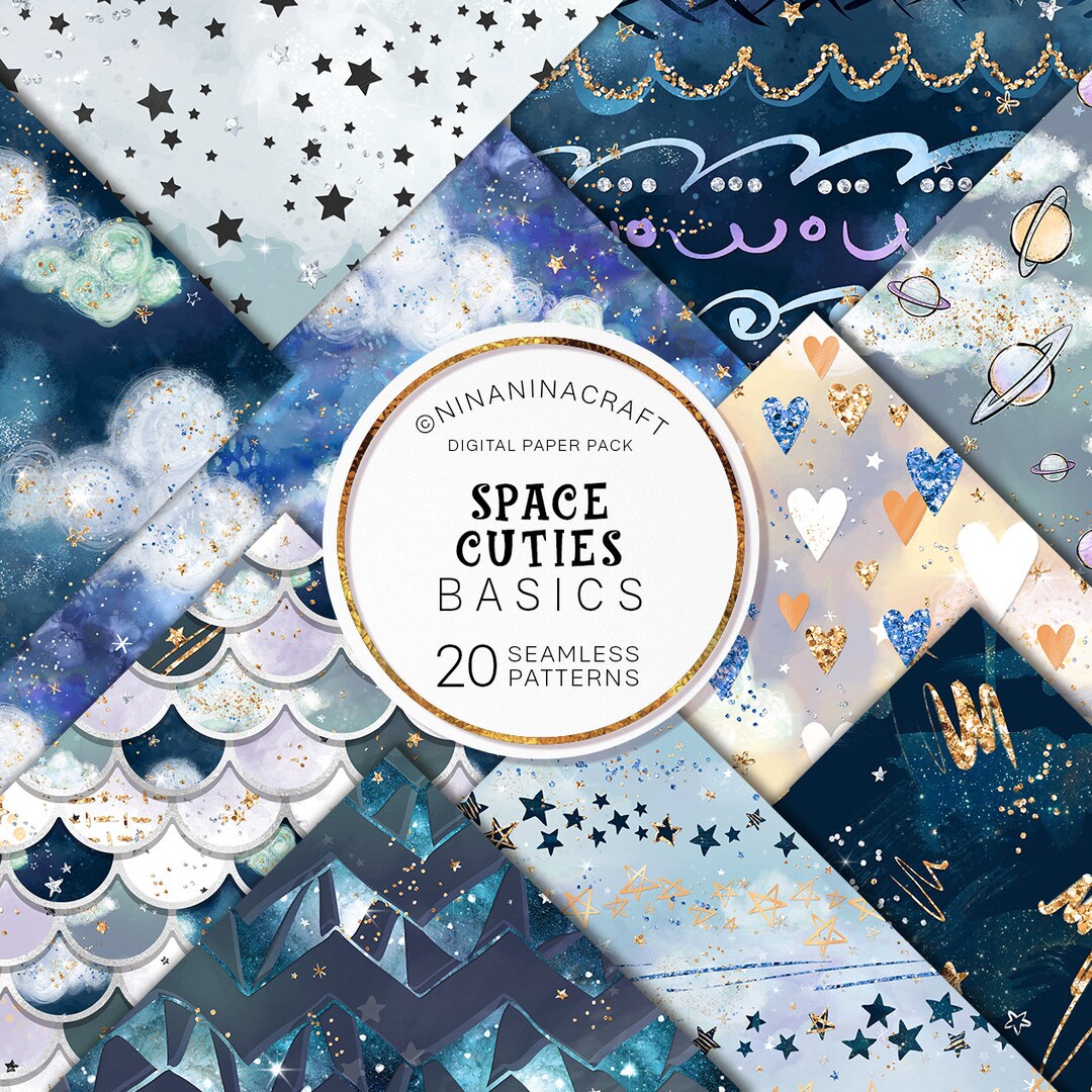 Cute Space Digital Papers Basics, Glittery Galaxy Seamless Patterns by ...