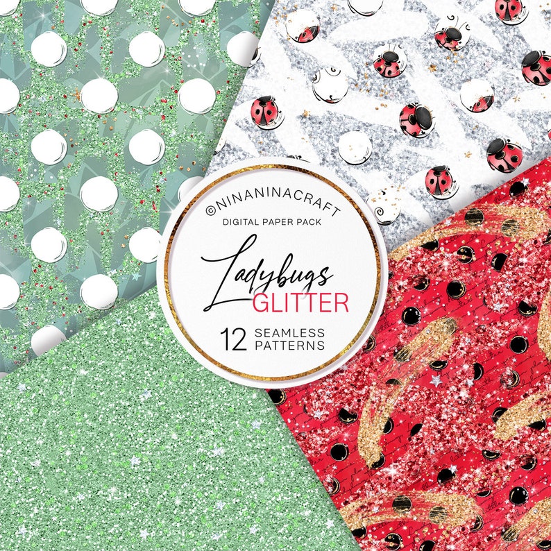 Ladybug Glitter Digital Paper, Realistic Glitter Seamless Patterns by ...