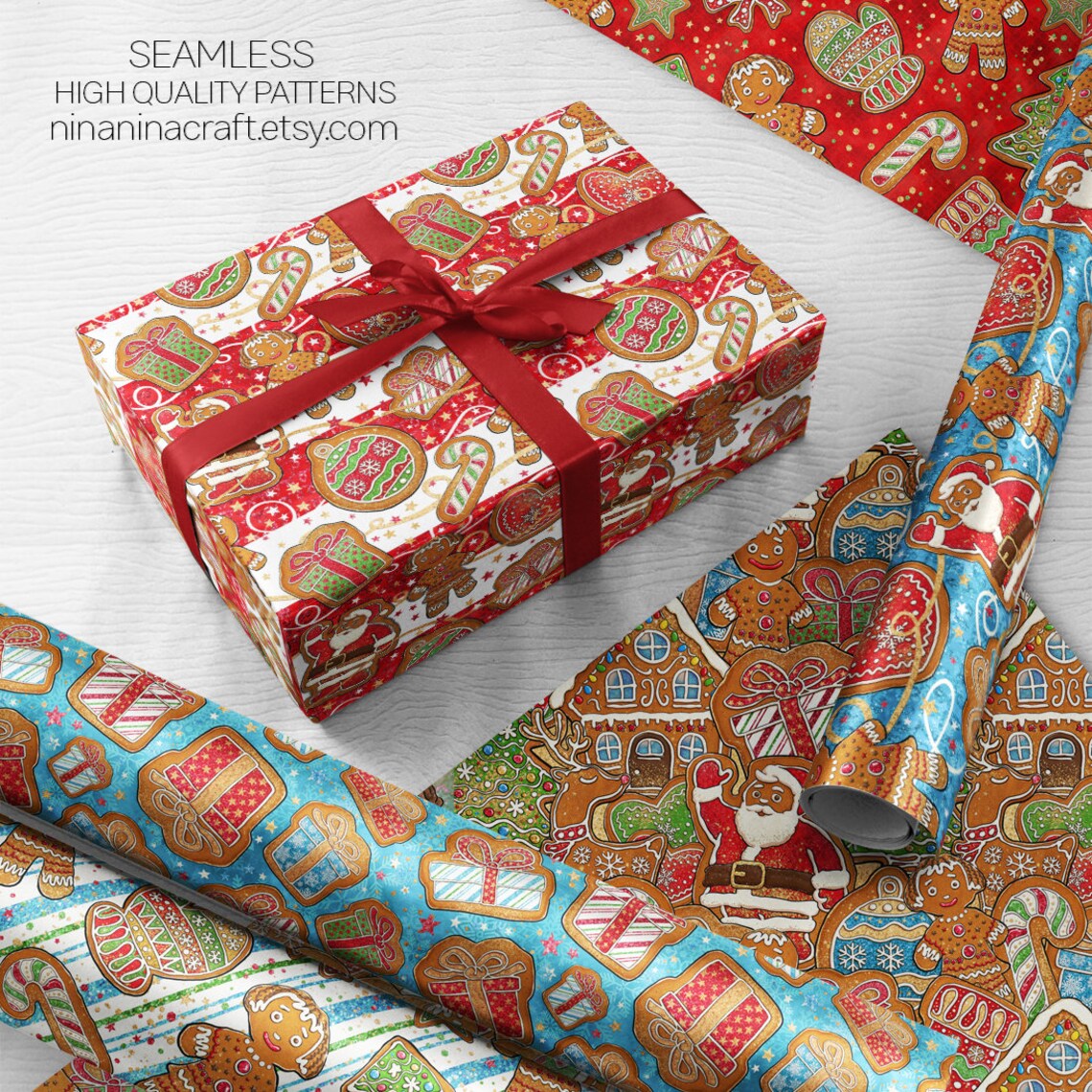 Christmas Digital Papers Pack, Gingerbread, Cute Santa Claus Seamless ...