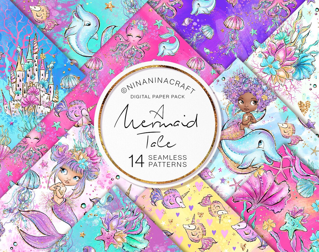 Mermaid Digital Papers, Colorful Sea Seamless Patterns, Rainbow ...