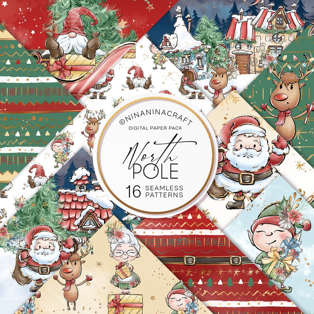 Santa Claus Digital Papers, Christmas Elf and Reindeer Seamless ...