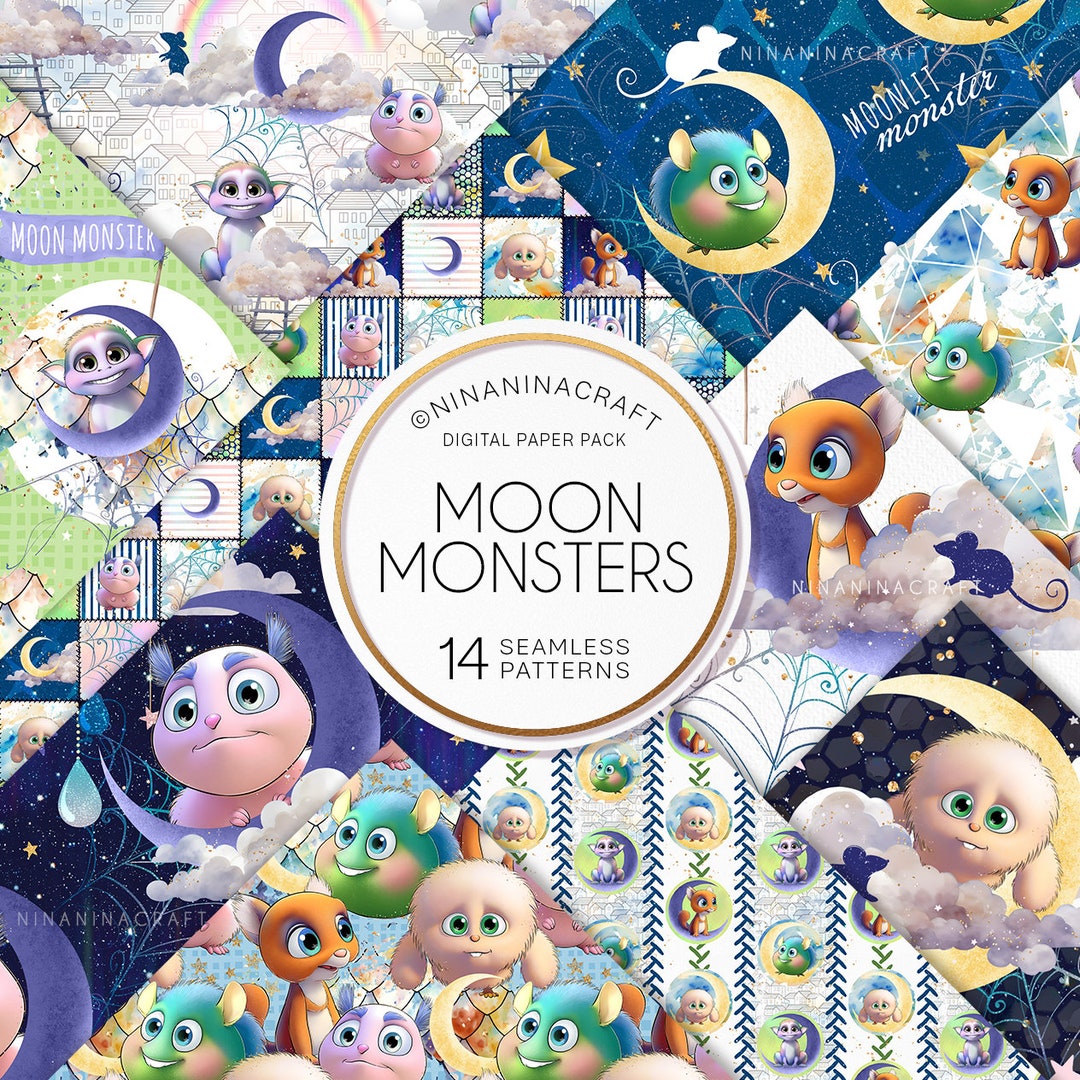 Cute Moon Monsters Seamless Patterns, Stars Digital Papers by ...