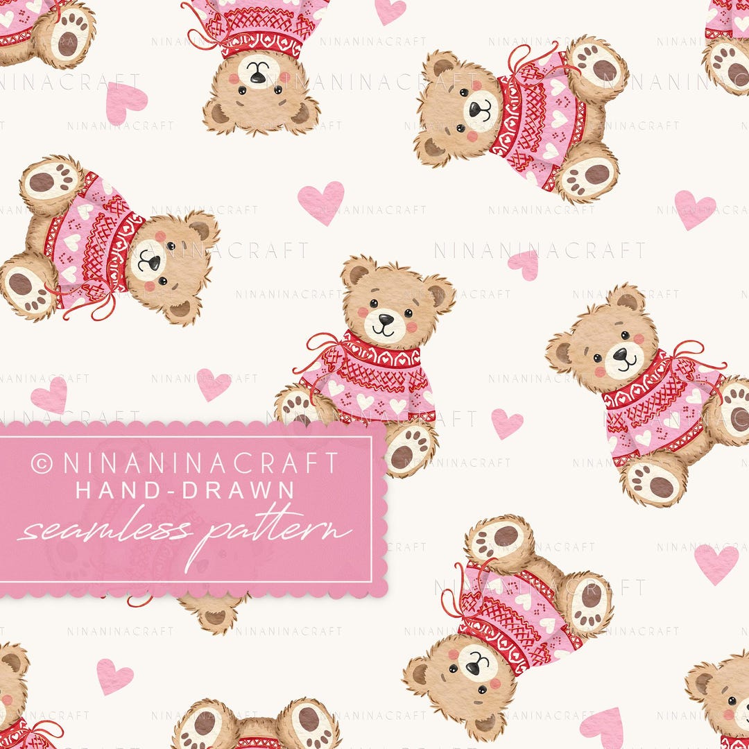 Valentines Teddy Bear Seamless Pattern by Ninaninacraft: Chiffon, Pink ...