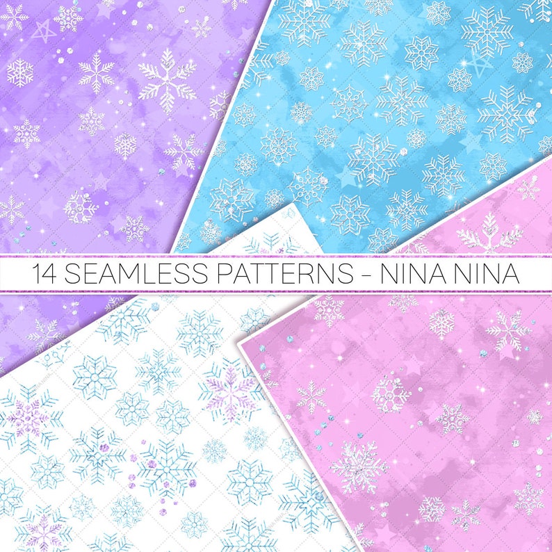 14 Watercolor Snowflakes Digital Papers, Glitter Snow Seamless Pattern ...
